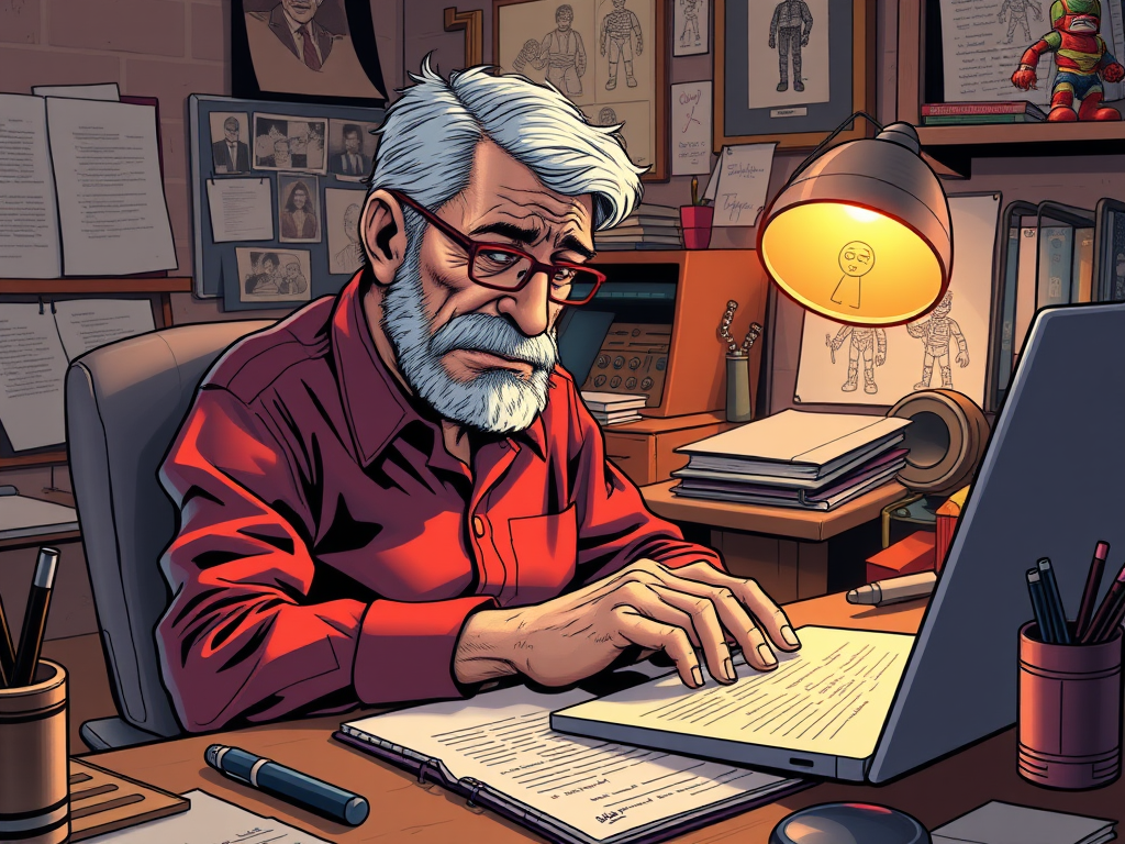 create-an-image-of-tired-sad-old-nick-banks-writing | Conskipper