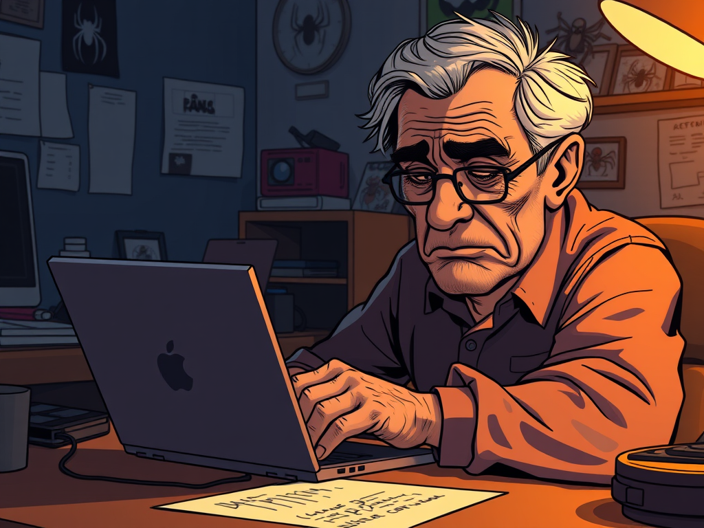 create-an-image-of-tired-sad-old-nick-banks-writing | Conskipper