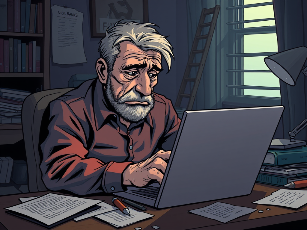 create-an-image-of-tired-sad-old-nick-banks-writing | Conskipper